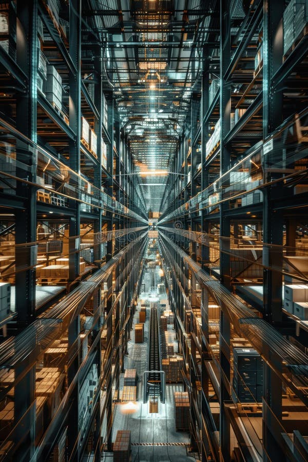 Efficient Multi-Level Warehouse: Intricate Shelving and Conveyor System ...