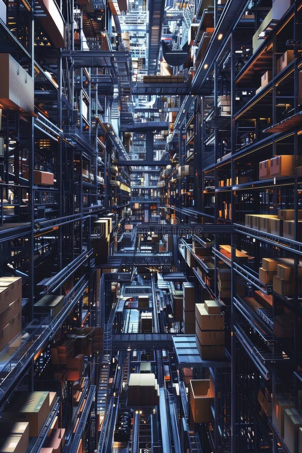 Efficient Multi-Level Warehouse: Intricate Shelving and Conveyor System ...