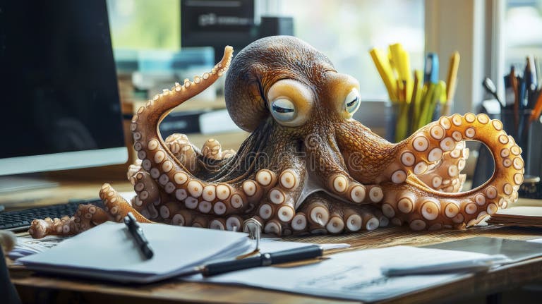 Efficient Octopus in Office Settings Doing Paperwork Stock Illustration ...
