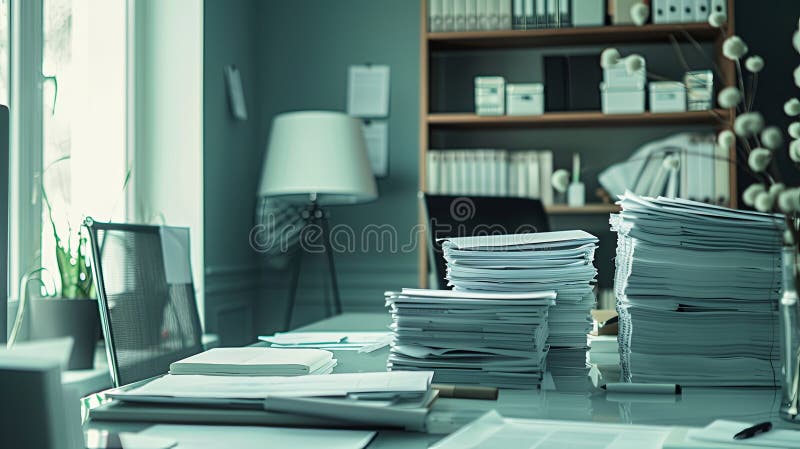 Efficient Office Desk with Paper Stacks Exuding Professional Ambiance ...