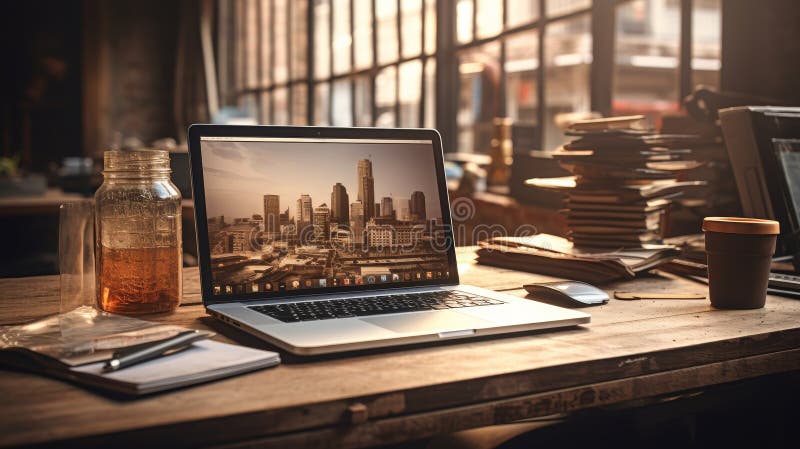 Efficient Office Workspace Laptop and Stacks of Work Documents on Desk ...