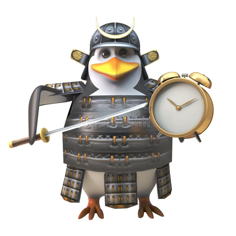Efficient Penguin Samurai Warrior in Armour Setting His Alarm Clock for ...