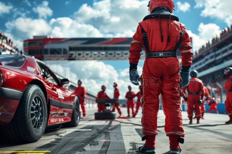 Efficient Pit Crew in Action during Race Car Pit Stop, Showcasing ...