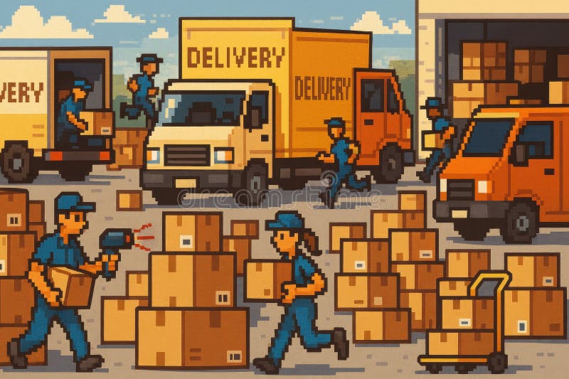 Efficient Pixel Art Delivery Hub with Couriers and Trucks Unloading ...