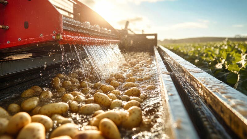 Efficient Potato Harvesting and Processing As a Machine Loads Freshly Washed Potatoes Onto a ...