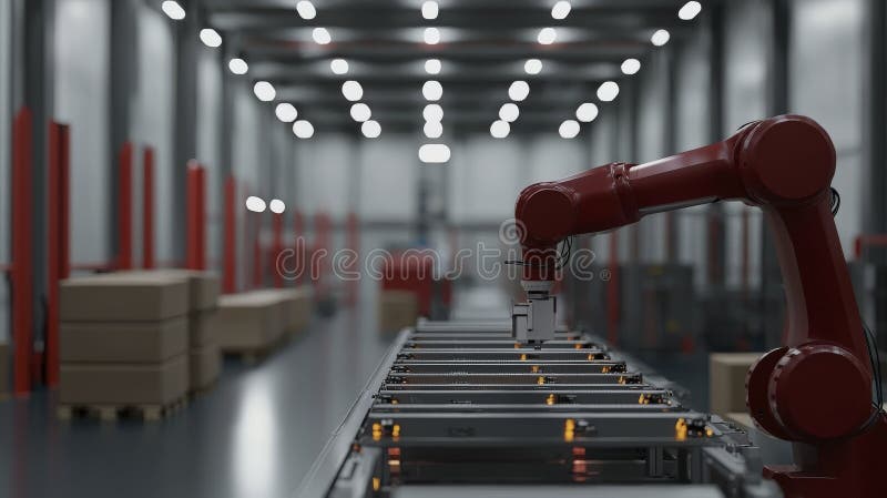 Efficient Red Robotic Arm Active on an Assembly Line Stock Illustration ...