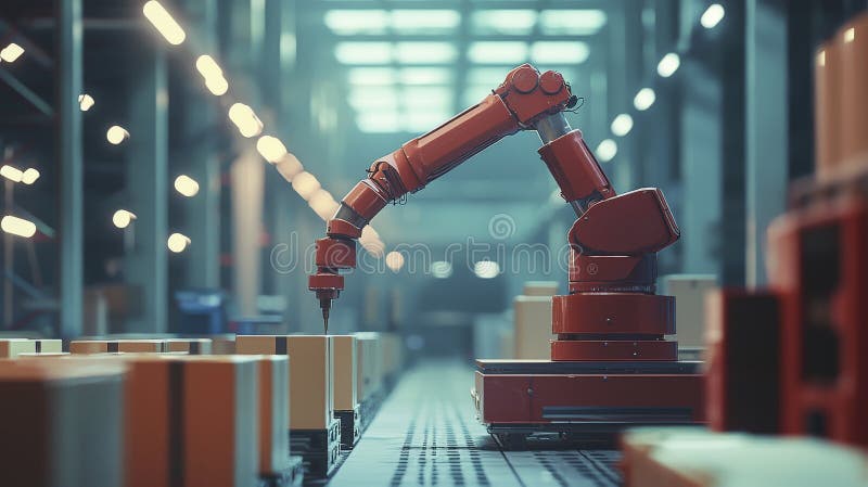 Efficient Red Robotic Arm Working in Tech Warehouse Stock Illustration ...