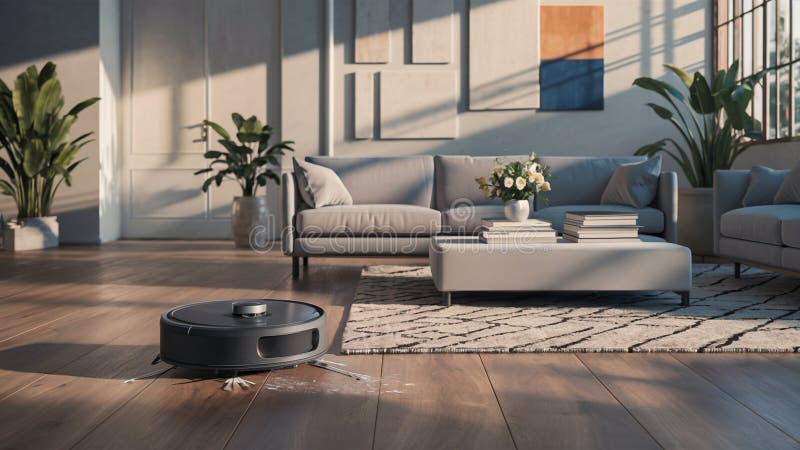Efficient Robot Cleaner in Modern Living Room Stock Illustration ...