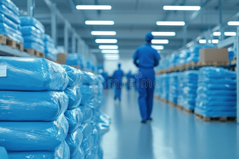 Efficient Stockroom Filled with Blue Packaged Goods and Workers Stock ...