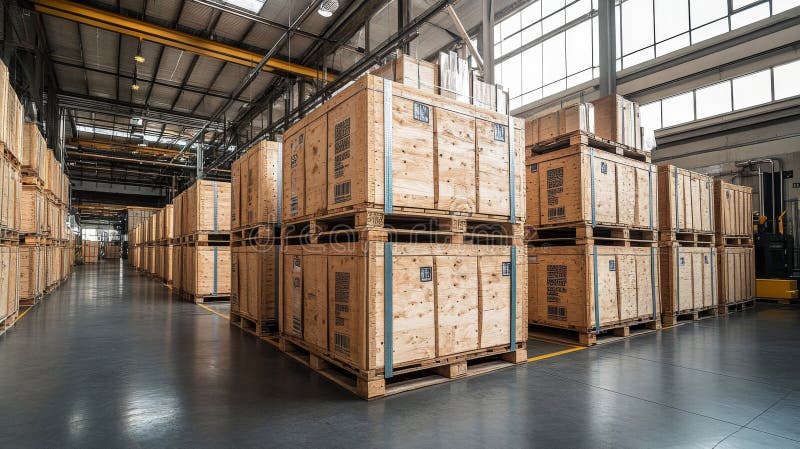 Efficient Storage Solutions in a Modern Warehouse with Wooden Crates ...
