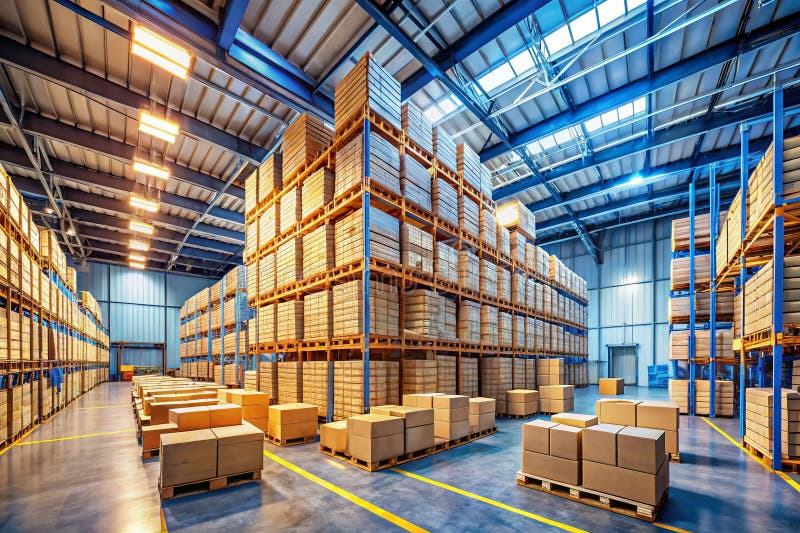 Efficient Storage Solutions a Panoramic View of Organized Cardboard Boxes in a Modern Warehouse ...