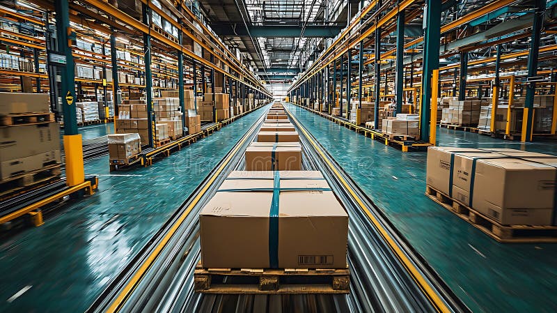 Efficient Warehouse with Automated Conveyor System Transporting Boxes ...