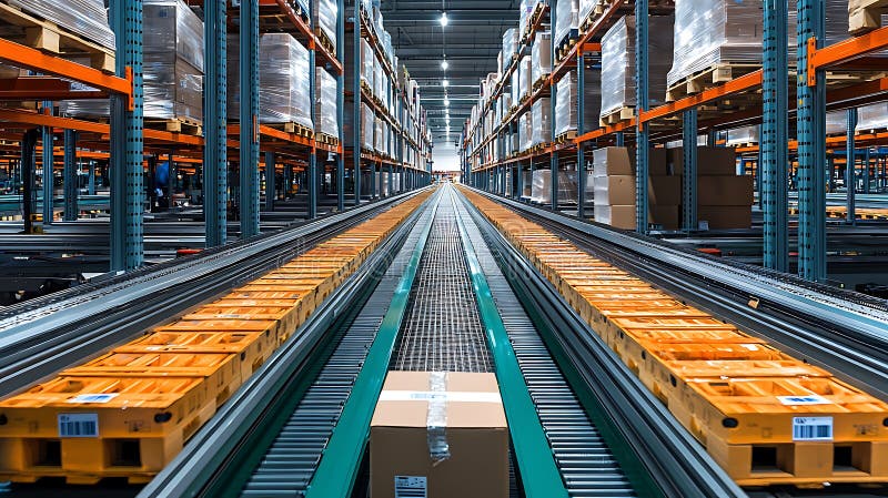 Efficient Warehouse with Automated Conveyor System Transporting Pallets ...