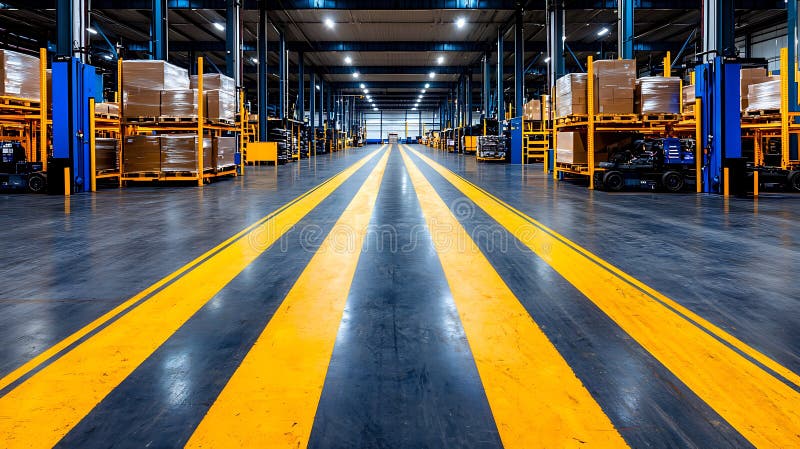 Efficient Warehouse Design with Yellow Striped Floor and Organized ...