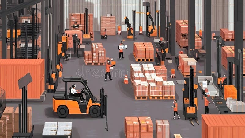 Efficient Warehouse with Forklift and Cargo Handling Stock Illustration ...