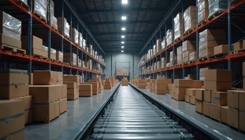 Efficient Warehouse Interior with Packaging Conveyor, Stacked Boxes ...