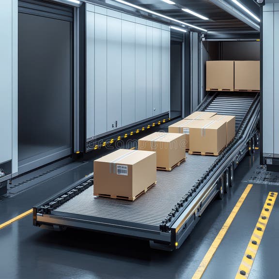 Efficient Warehouse Loading Dock with Conveyor and Cardboard Boxes ...