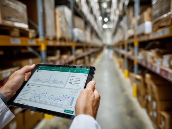 Efficient Warehouse Management with Person Analyzing Data on Tablet, Surrounded by Storage Boxes ...