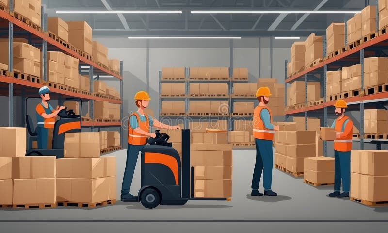 Efficient Warehouse Operation in Full Swing. Workers Expertly Maneuver Forklifts and Manage ...