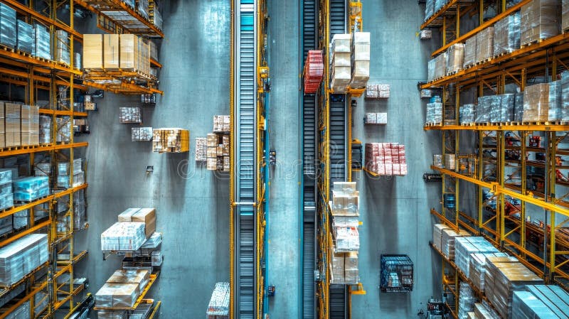 Efficient Warehouse Operations Aerial View of Dynamic Conveyor Belt ...