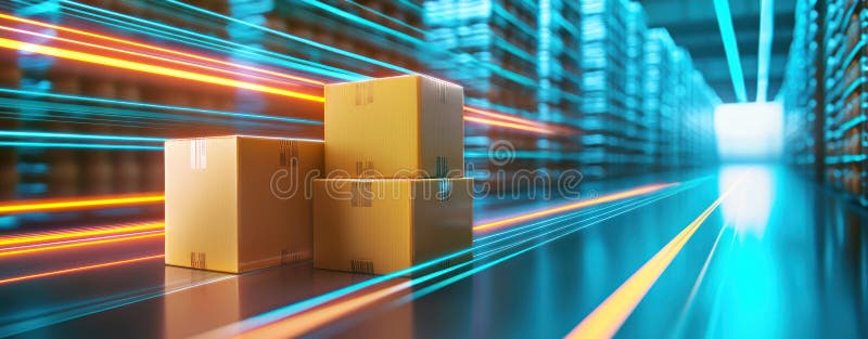 Efficient Warehouse Scene with Stacked Boxes and Vibrant Light Trails ...