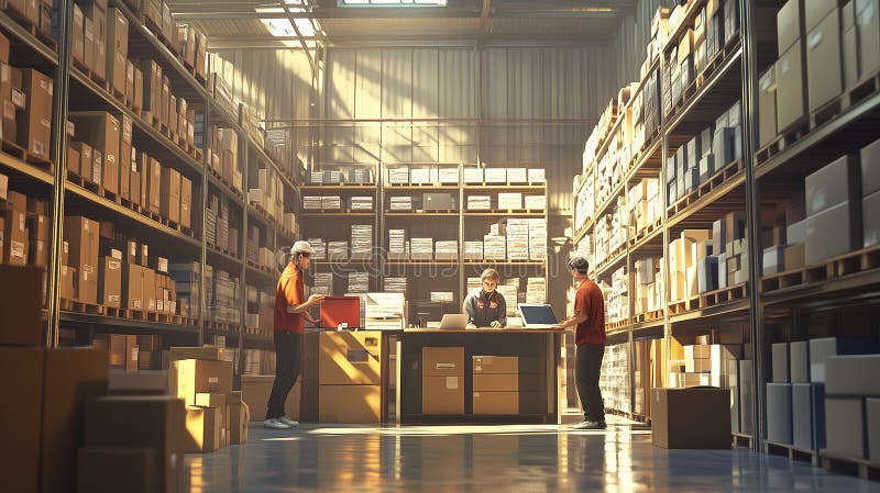 Efficient Warehouse Scene with Three Workers, Two Inspecting Shelves ...