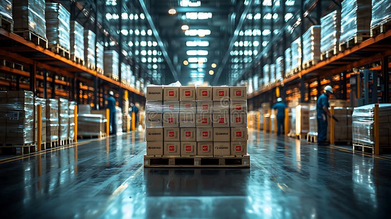 Efficient Warehouse with Stacked Pallets and Workers Organizing ...