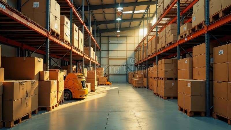 Efficient Warehouse Storage with Organized Boxes and Equipment Stock ...