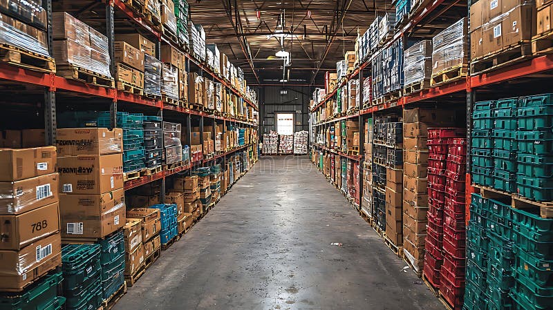 Efficient Warehouse Storage with Organized Shelves Filled with Boxes ...