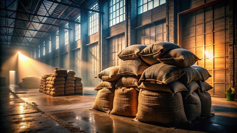 Efficient Warehouse Storage Silhouetted Burlap Sacks Highlight Robust ...