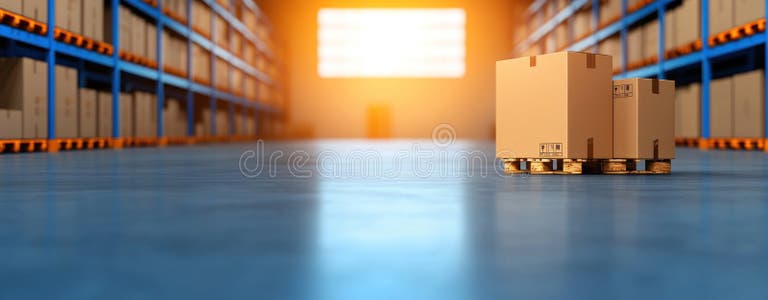 Efficient Warehouse Storage with Stacked Boxes on Pallets, Showcasing ...