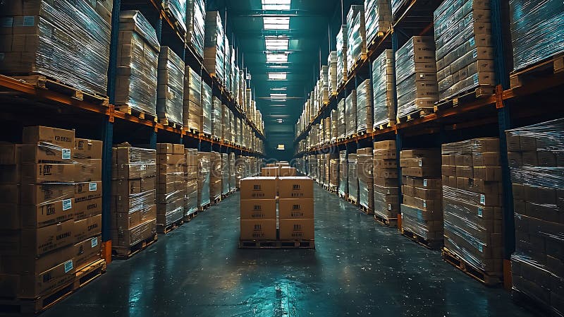 Efficient Warehouse Storage with Stacked Boxes and Pallets, Showcasing ...
