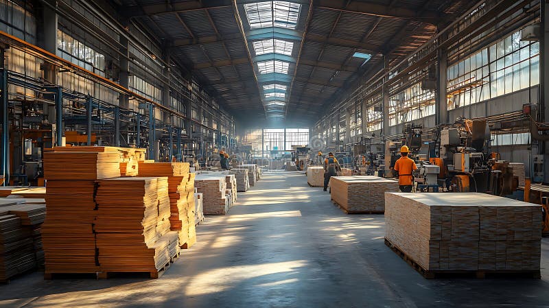 Efficient Warehouse with Workers Processing Materials and Stacks of ...
