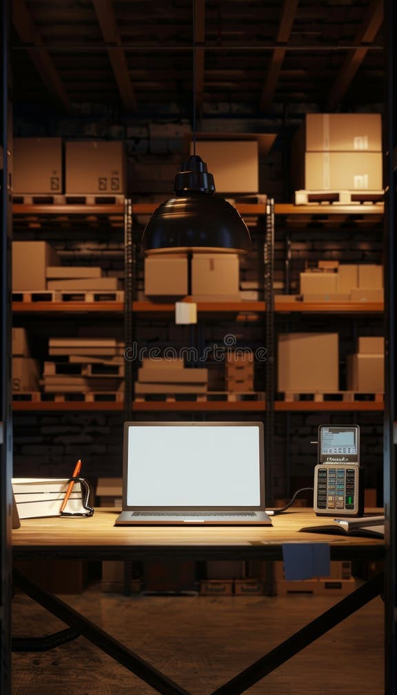 Efficient Warehouse Workspace with Laptop, Barcode Scanner, and ...
