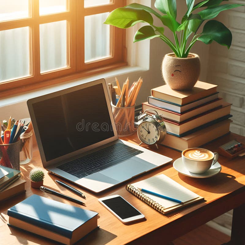 Efficient Work Environment: Computer on Desk, Generative AI. Stock ...