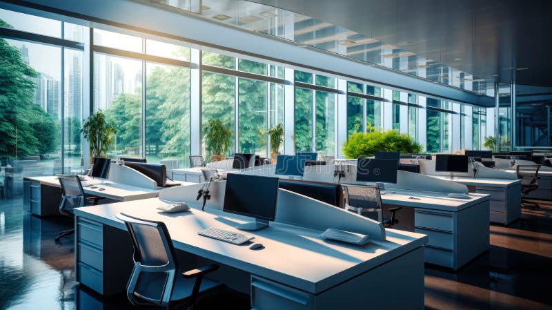 Efficient Work Environment Modern Office with White Desks and Computer ...