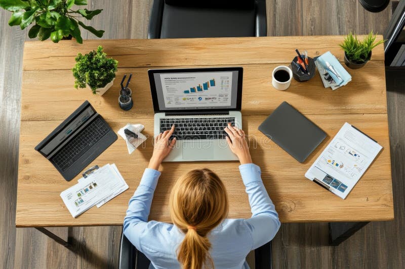 Efficient Work Setup. Person Using a Laptop Computer from Above Concept ...