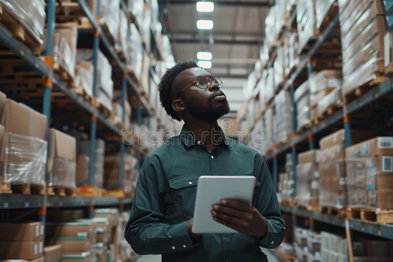 Efficient Worker in Warehouse Holding Tablet, Assessing Inventory Stock ...