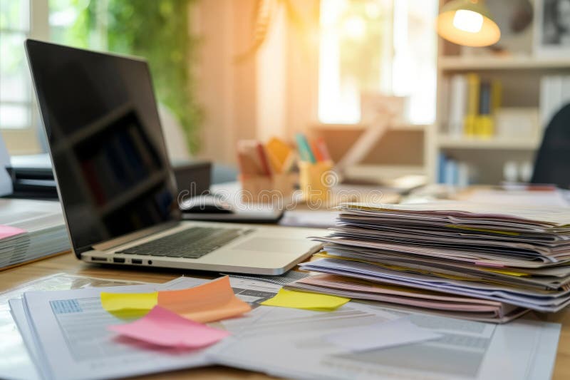 Efficient Workspace Laptop and Piles of Documents on Modern Desk .AI ...
