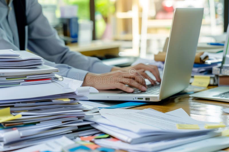 Efficient Workspace Laptop and Piles of Documents on Modern Desk AI ...
