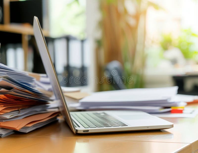 Efficient Workspace Laptop and Piles of Documents on Modern Desk .AI ...