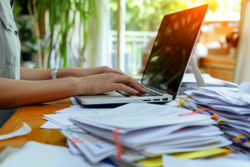 Efficient Workspace Laptop and Piles of Documents on Modern Desk AI ...