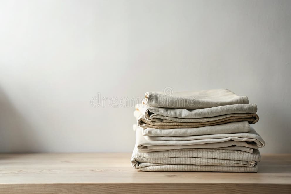 Effortless Elegance a Minimalist Stack of Folded Linen Clothes on a ...