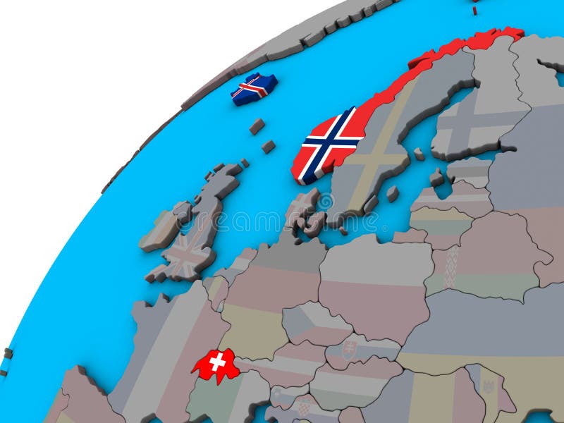 EFTA Countries with Flags on 3D Globe Stock Illustration - Illustration ...