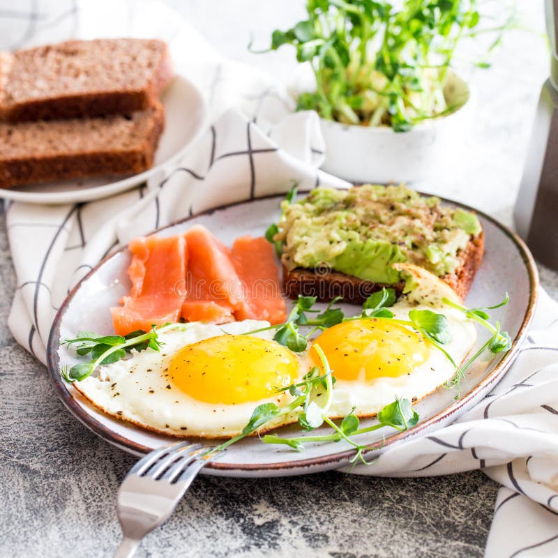 Egg Breakfast. Healthy Nutritious Breakfast with Eggs, Salmon, Avocado ...