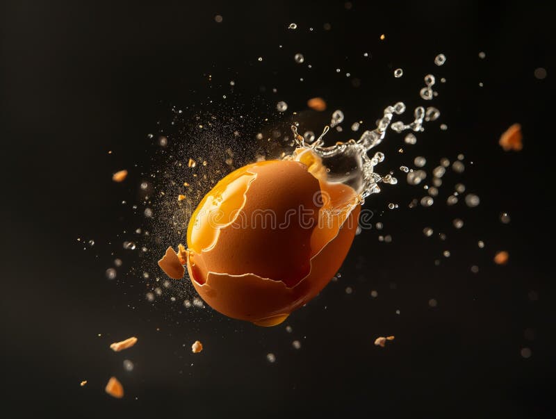 Egg Breaking Mid-air with Yolk and Shell Fragments Flying, AI-generated ...