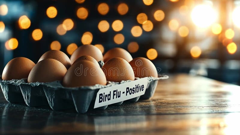 Egg Carton Labeled Bird Flu Positive with Soft Background Lights in a ...