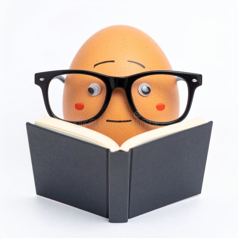 Egg Character Wearing Glasses Reading a Black Book on White Background Stock Illustration ...