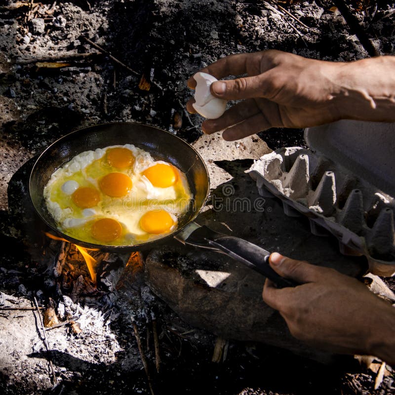 Egg Cooked by Men`s Hands on a Fire in the Woods Stock Photo - Image of ...