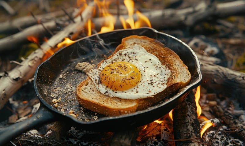 An Egg Cooked in a Skillet Next To Toast on Fire Stock Photo - Image of ...